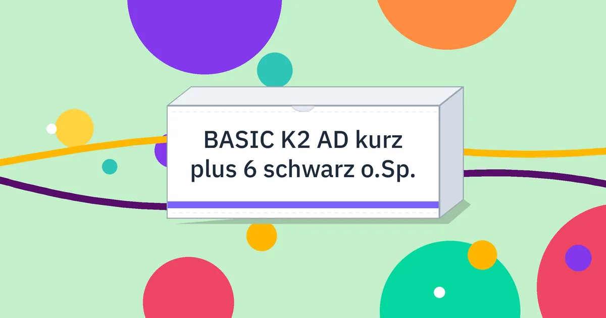 Symbolbild: Packung mit der Aufschrift BASIC K2 AD kurz plus 6 schwarz o.Sp. (PZN 20265692) – Verfügbarkeit und Bezug in Apotheken in Frankfurt am Main