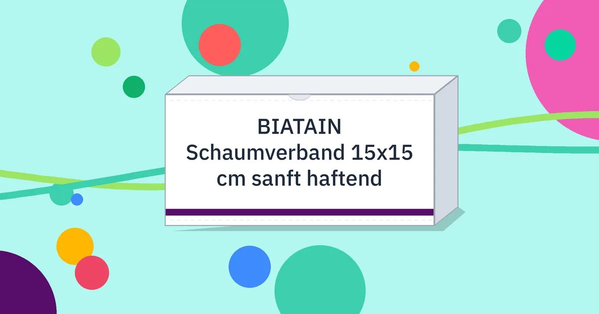 Symbolbild: Packung mit der Aufschrift BIATAIN Schaumverband 15x15 cm sanft haftend (PZN 18032638) – Verfügbarkeit und Bezug in Apotheken in Frankfurt am Main