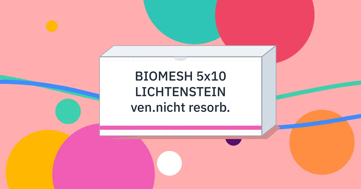 Symbolbild: Packung mit der Aufschrift BIOMESH 5x10 LICHTENSTEIN ven.nicht resorb. (PZN 19504660) – Verfügbarkeit und Bezug in Apotheken in Frankfurt am Main