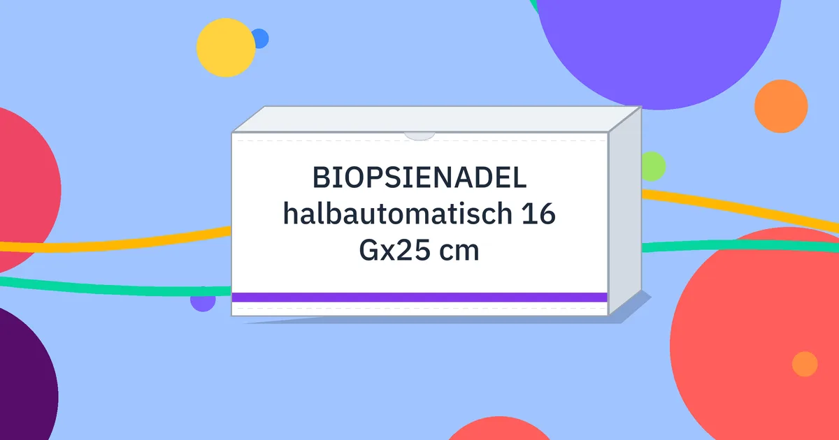 Symbolbild: Packung mit der Aufschrift BIOPSIENADEL halbautomatisch 16 Gx25 cm (PZN 19529602) – Verfügbarkeit und Bezug in Apotheken in Frankfurt am Main