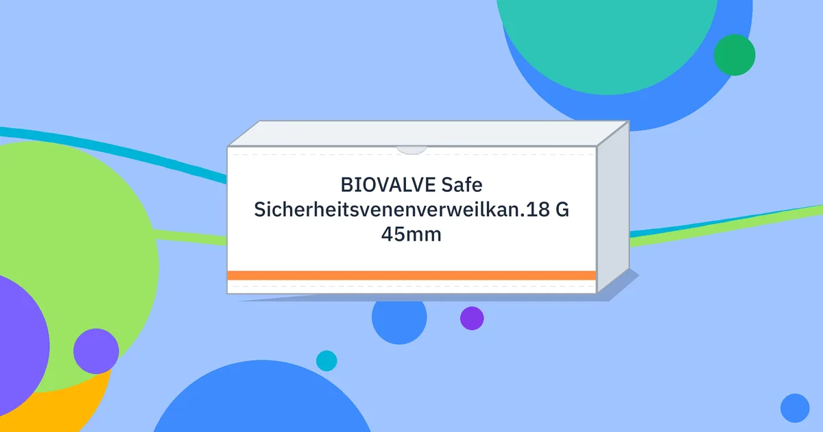 Symbolbild: Packung mit der Aufschrift BIOVALVE Safe Sicherheitsvenenverweilkan.18 G 45mm (PZN 09646867) – Verfügbarkeit und Bezug in Apotheken in Frankfurt am Main