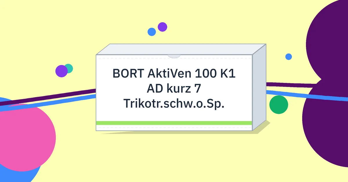 Symbolbild: Packung mit der Aufschrift BORT AktiVen 100 K1 AD kurz 7 Trikotr.schw.o.Sp. (PZN 14387014) – Verfügbarkeit und Bezug in Apotheken in Frankfurt am Main