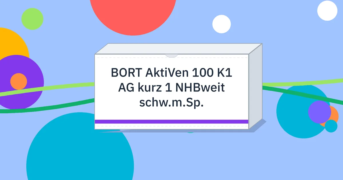 Symbolbild: Packung mit der Aufschrift BORT AktiVen 100 K1 AG kurz 1 NHBweit schw.m.Sp. (PZN 14388462) – Verfügbarkeit und Bezug in Apotheken in Frankfurt am Main