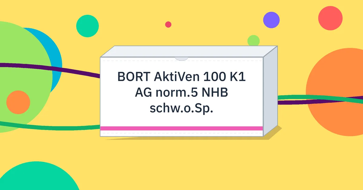 Symbolbild: Packung mit der Aufschrift BORT AktiVen 100 K1 AG norm.5 NHB schw.o.Sp. (PZN 14387563) – Verfügbarkeit und Bezug in Apotheken in Frankfurt am Main
