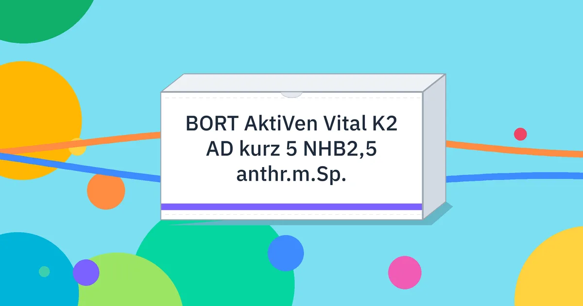 Symbolbild: Packung mit der Aufschrift BORT AktiVen Vital K2 AD kurz 5 NHB2,5 anthr.m.Sp. (PZN 17499854) – Verfügbarkeit und Bezug in Apotheken in Frankfurt am Main