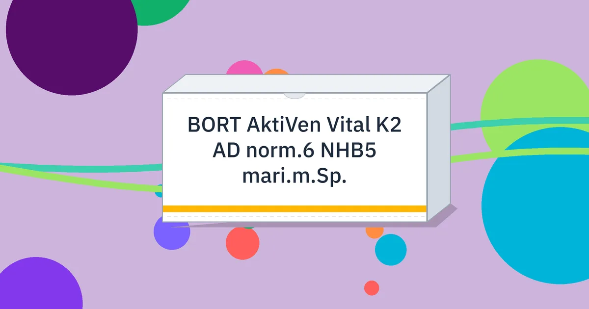 Symbolbild: Packung mit der Aufschrift BORT AktiVen Vital K2 AD norm.6 NHB5 mari.m.Sp. (PZN 17494673) – Verfügbarkeit und Bezug in Apotheken in Frankfurt am Main