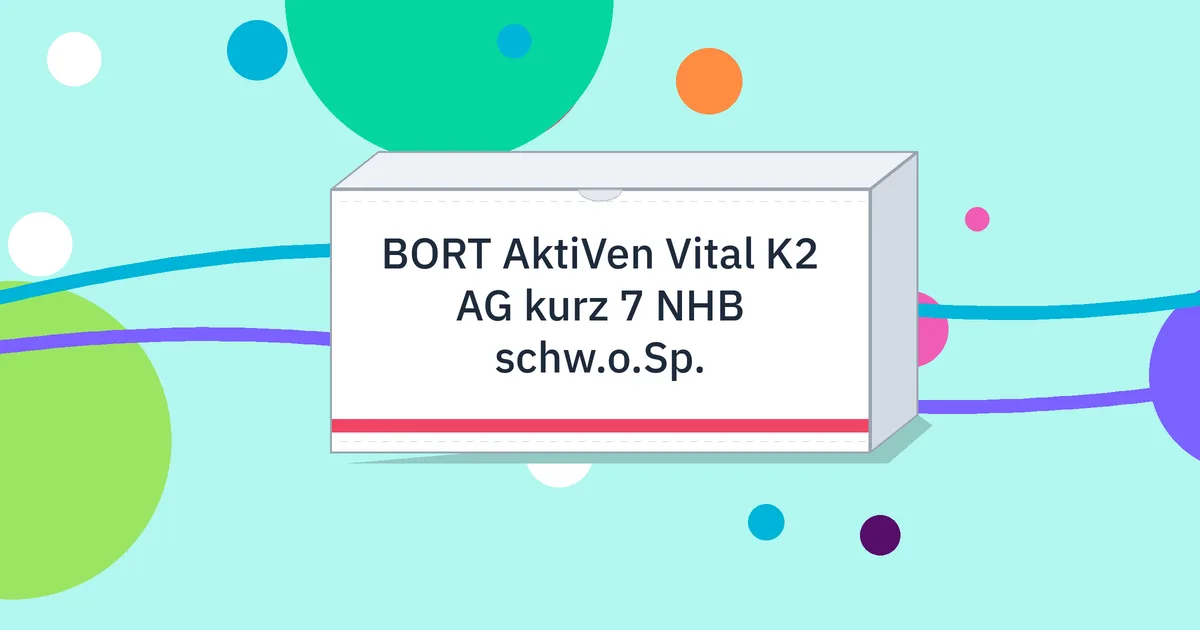 Symbolbild: Packung mit der Aufschrift BORT AktiVen Vital K2 AG kurz 7 NHB schw.o.Sp. (PZN 12384773) – Verfügbarkeit und Bezug in Apotheken in Frankfurt am Main