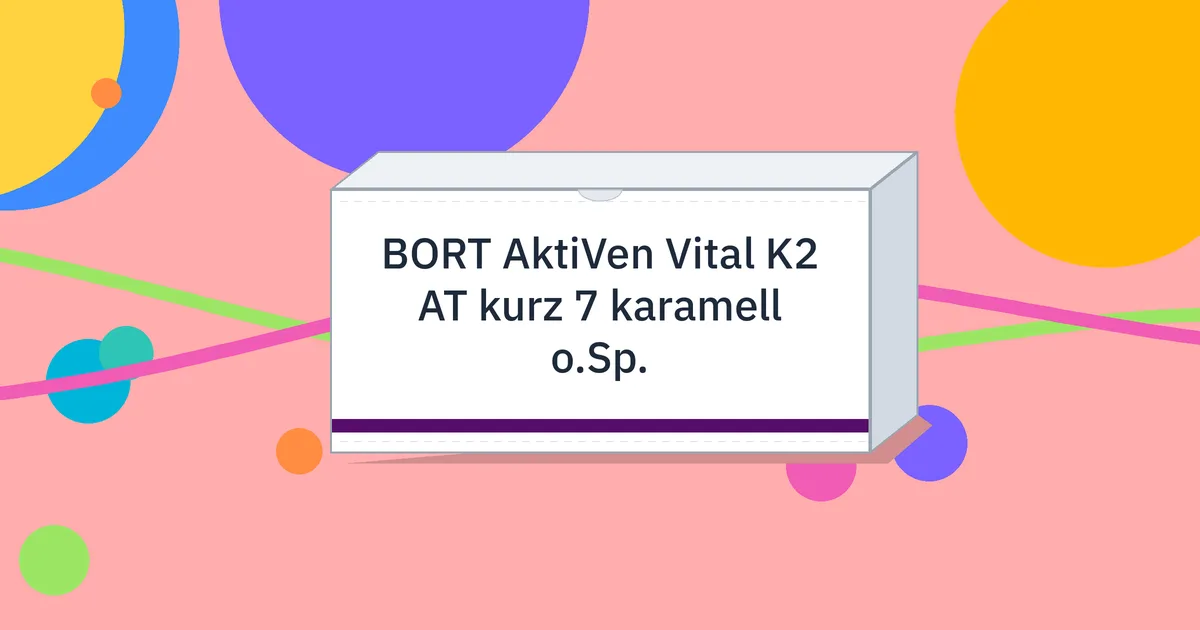 Symbolbild: Packung mit der Aufschrift BORT AktiVen Vital K2 AT kurz 7 karamell o.Sp. (PZN 13737713) – Verfügbarkeit und Bezug in Apotheken in Frankfurt am Main
