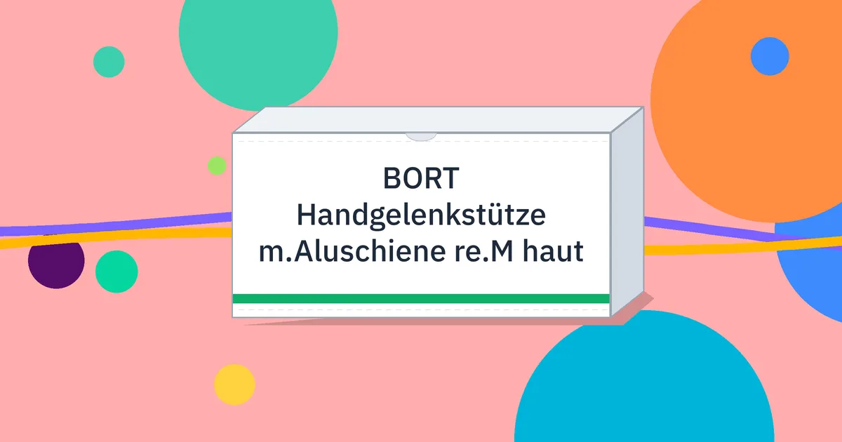 Symbolbild: Packung mit der Aufschrift BORT Handgelenkstütze m.Aluschiene re.M haut (PZN 02688093) – Verfügbarkeit und Bezug in Apotheken in Frankfurt am Main