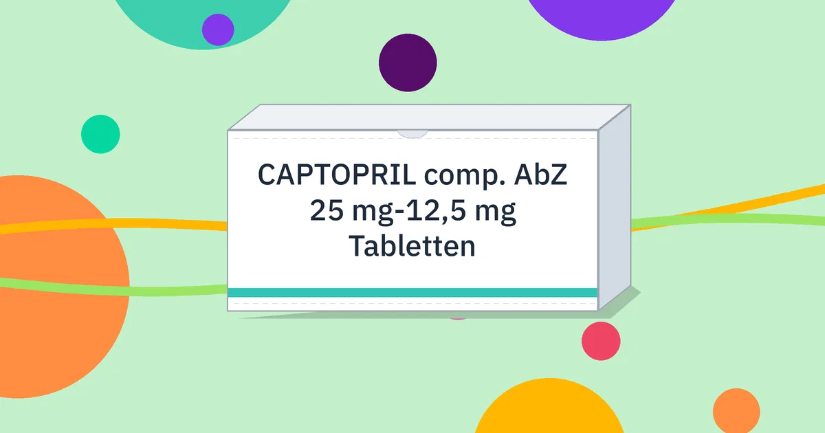 Symbolbild: Packung mit der Aufschrift CAPTOPRIL comp. AbZ 25 mg-12,5 mg Tabletten (PZN 01015280) – Verfügbarkeit und Bezug in Apotheken in Frankfurt am Main