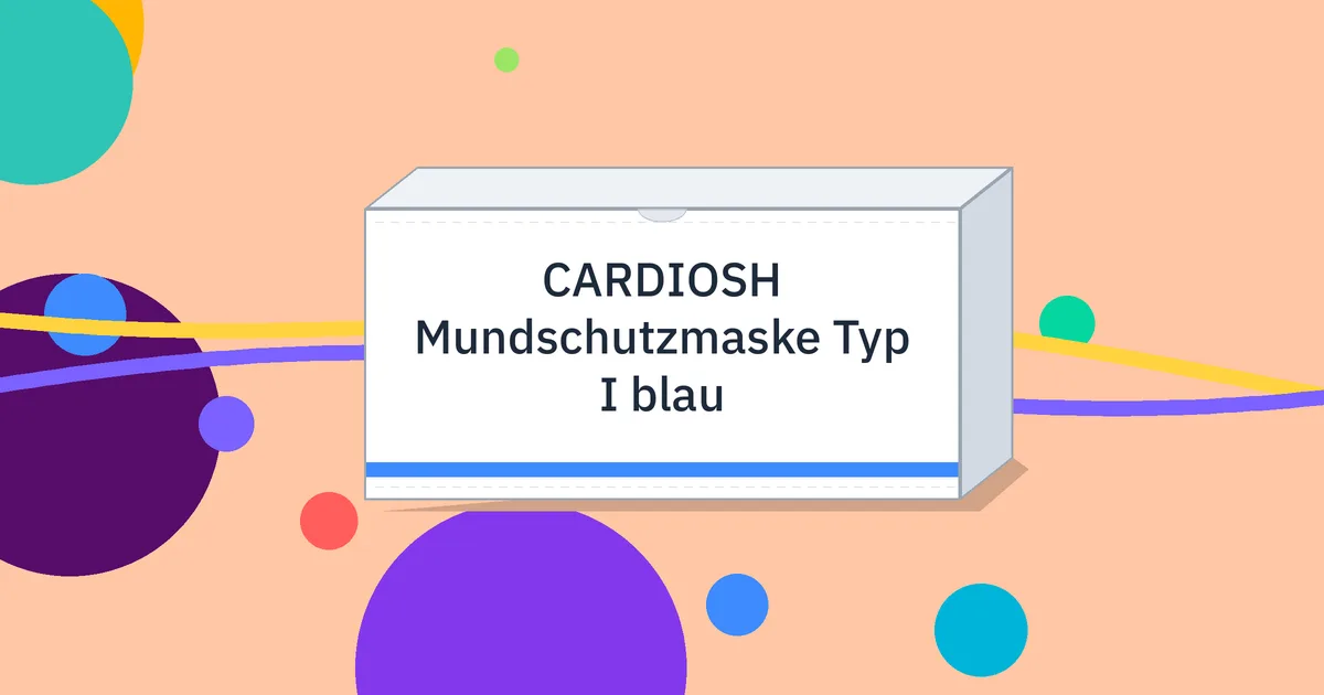 Symbolbild: Packung mit der Aufschrift CARDIOSH Mundschutzmaske Typ I blau (PZN 18262048) – Verfügbarkeit und Bezug in Apotheken in Frankfurt am Main