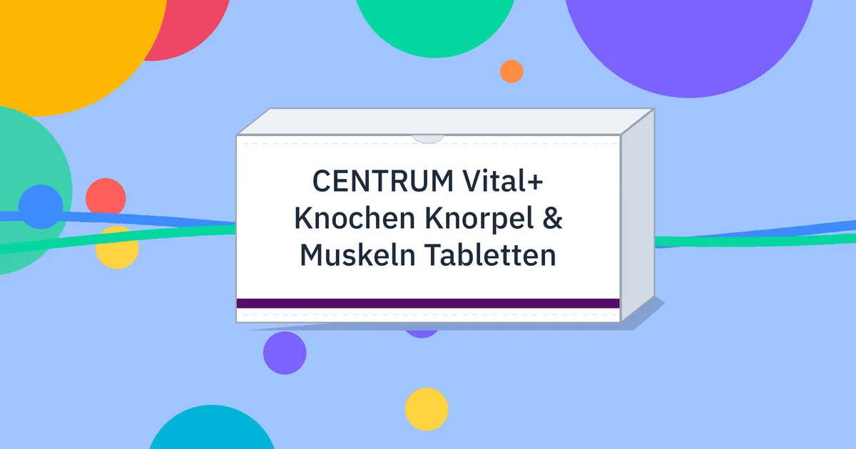 Symbolbild: Packung mit der Aufschrift CENTRUM Vital+ Knochen Knorpel & Muskeln Tabletten (PZN 19420101) – Verfügbarkeit und Bezug in Apotheken in Frankfurt am Main
