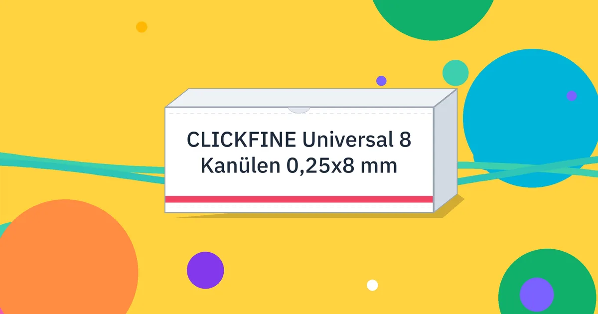 Symbolbild: Packung mit der Aufschrift CLICKFINE Universal 8 Kanülen 0,25x8 mm (PZN 17900653) – Verfügbarkeit und Bezug in Apotheken in Frankfurt am Main