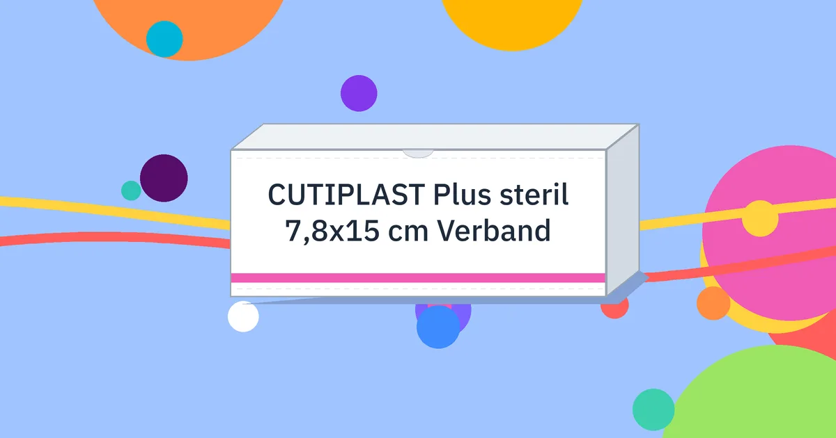 Symbolbild: Packung mit der Aufschrift CUTIPLAST Plus steril 7,8x15 cm Verband (PZN 17451528) – Verfügbarkeit und Bezug in Apotheken in Frankfurt am Main