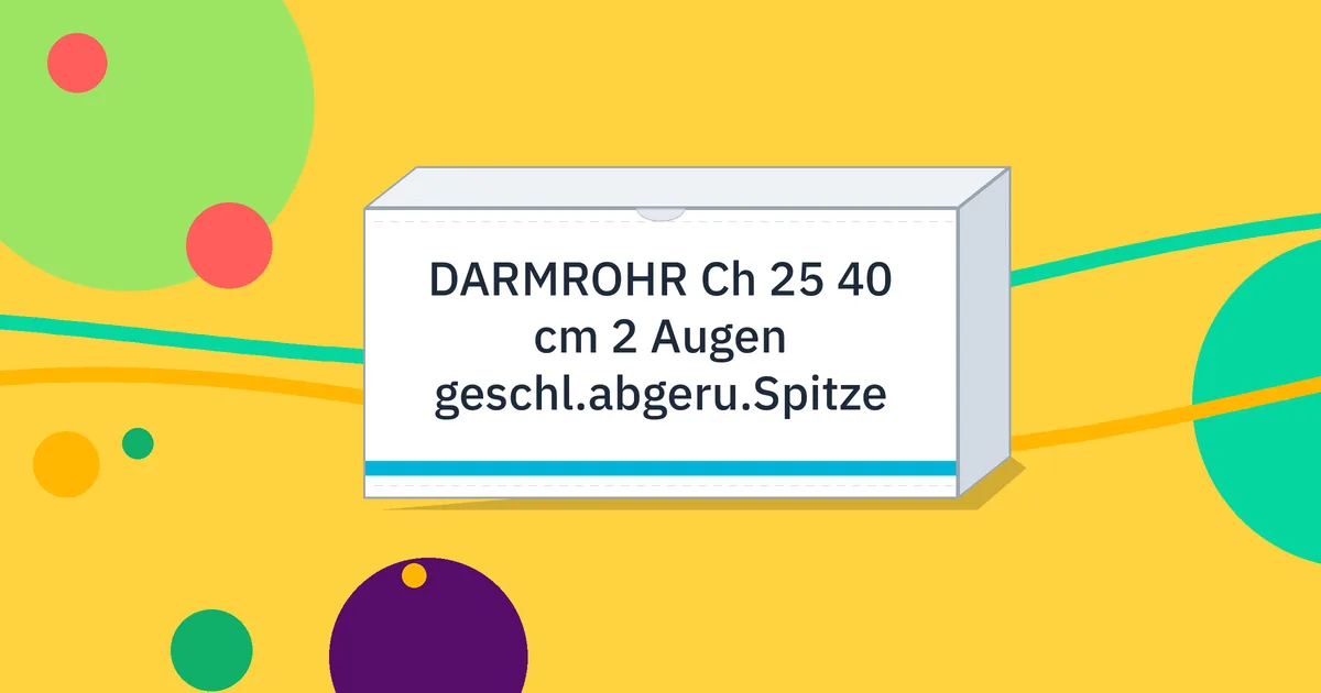 Symbolbild: Packung mit der Aufschrift DARMROHR Ch 25 40 cm 2 Augen geschl.abgeru.Spitze (PZN 10125719) – Verfügbarkeit und Bezug in Apotheken in Frankfurt am Main