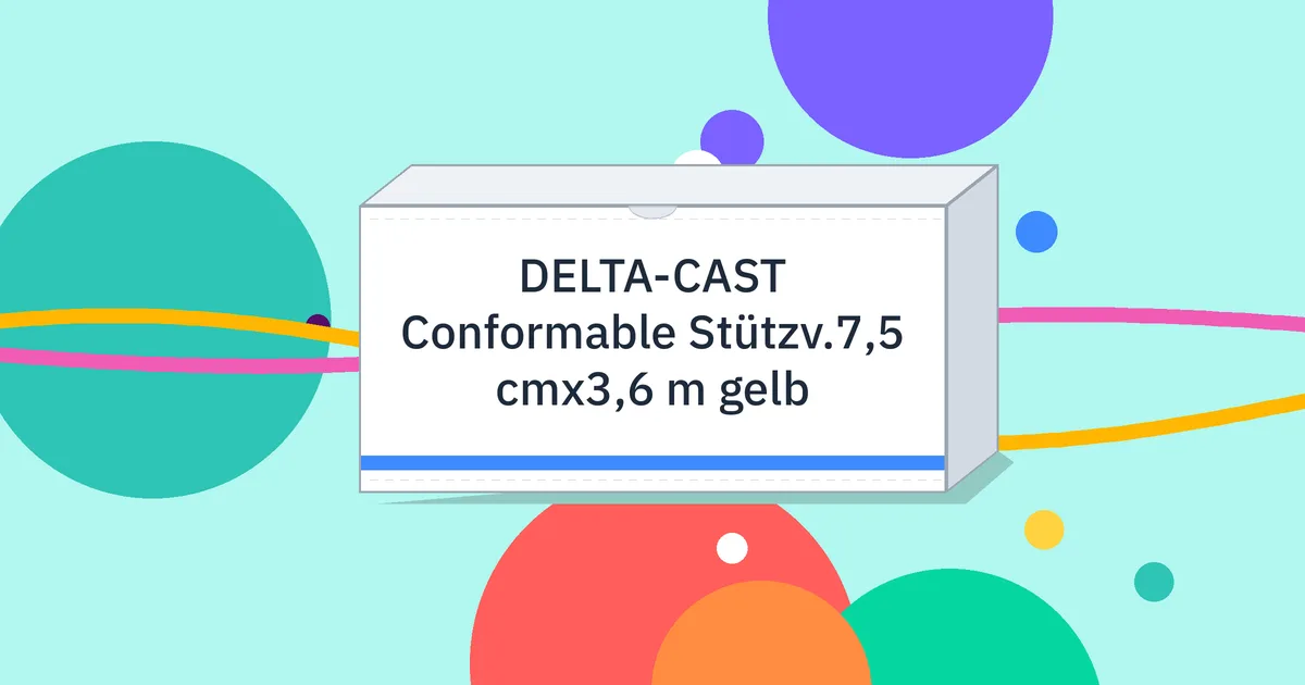 Symbolbild: Packung mit der Aufschrift DELTA-CAST Conformable Stützv.7,5 cmx3,6 m gelb (PZN 04590955) – Verfügbarkeit und Bezug in Apotheken in Frankfurt am Main