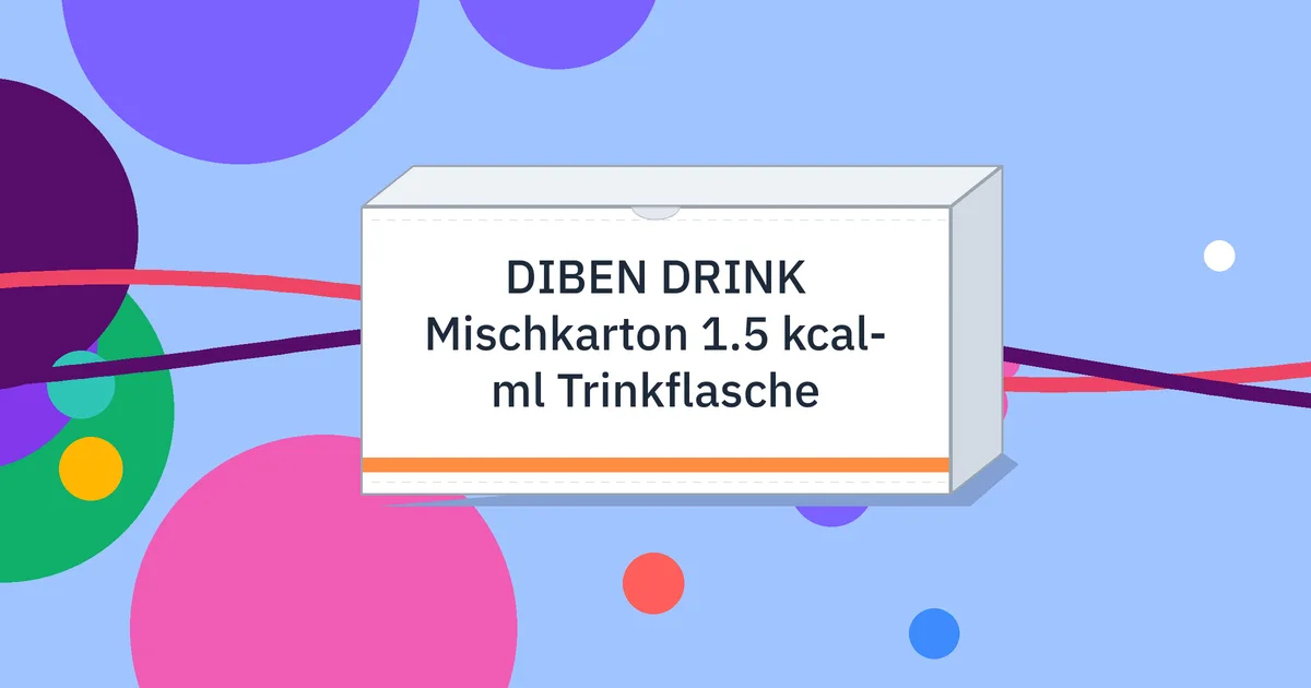 Symbolbild: Packung mit der Aufschrift DIBEN DRINK Mischkarton 1.5 kcal-ml Trinkflasche (PZN 19750258) – Verfügbarkeit und Bezug in Apotheken in Frankfurt am Main