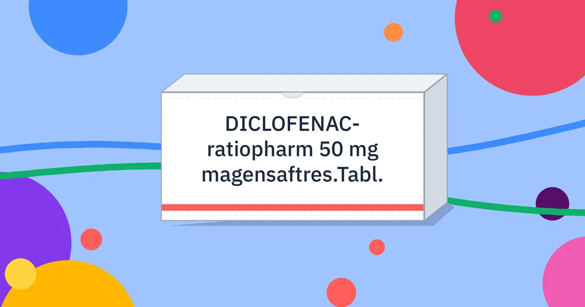 Symbolbild: Packung mit der Aufschrift DICLOFENAC-ratiopharm 50 mg magensaftres.Tabl. (PZN 07198235) – Verfügbarkeit und Bezug in Apotheken in Frankfurt am Main