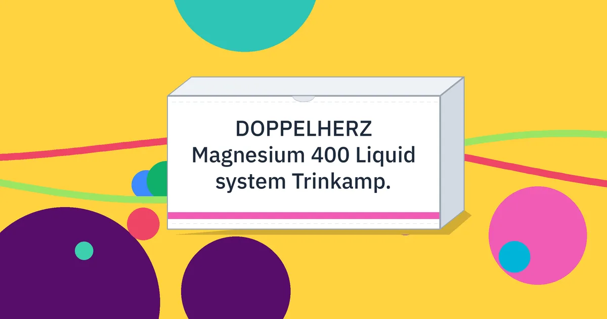 Symbolbild: Packung mit der Aufschrift DOPPELHERZ Magnesium 400 Liquid system Trinkamp. (PZN 17946158) – Verfügbarkeit und Bezug in Apotheken in Frankfurt am Main