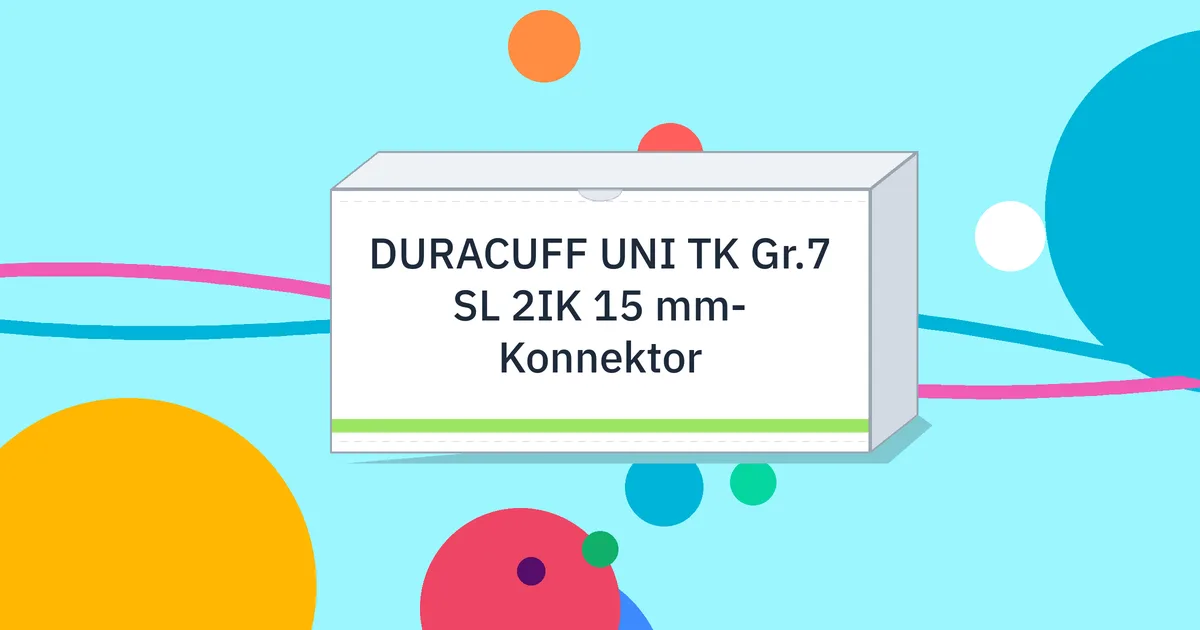 Symbolbild: Packung mit der Aufschrift DURACUFF UNI TK Gr.7 SL 2IK 15 mm-Konnektor (PZN 01220614) – Verfügbarkeit und Bezug in Apotheken in Frankfurt am Main