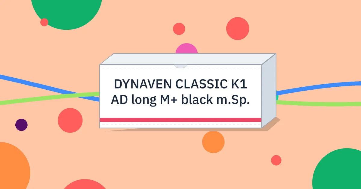 Symbolbild: Packung mit der Aufschrift DYNAVEN CLASSIC K1 AD long M+ black m.Sp. (PZN 18414825) – Verfügbarkeit und Bezug in Apotheken in Frankfurt am Main