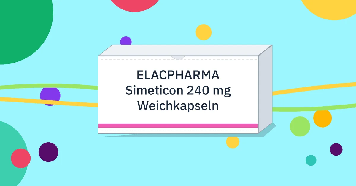 Symbolbild: Packung mit der Aufschrift ELACPHARMA Simeticon 240 mg Weichkapseln (PZN 20510878) – Verfügbarkeit und Bezug in Apotheken in Frankfurt am Main