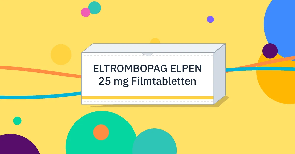 Symbolbild: Packung mit der Aufschrift ELTROMBOPAG ELPEN 25 mg Filmtabletten (PZN 19770350) – Verfügbarkeit und Bezug in Apotheken in Frankfurt am Main