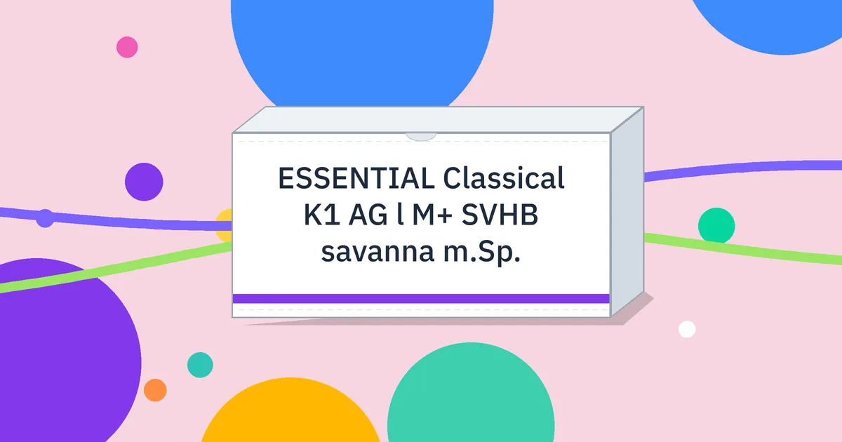 Symbolbild: Packung mit der Aufschrift ESSENTIAL Classical K1 AG l M+ SVHB savanna m.Sp. (PZN 18421021) – Verfügbarkeit und Bezug in Apotheken in Frankfurt am Main