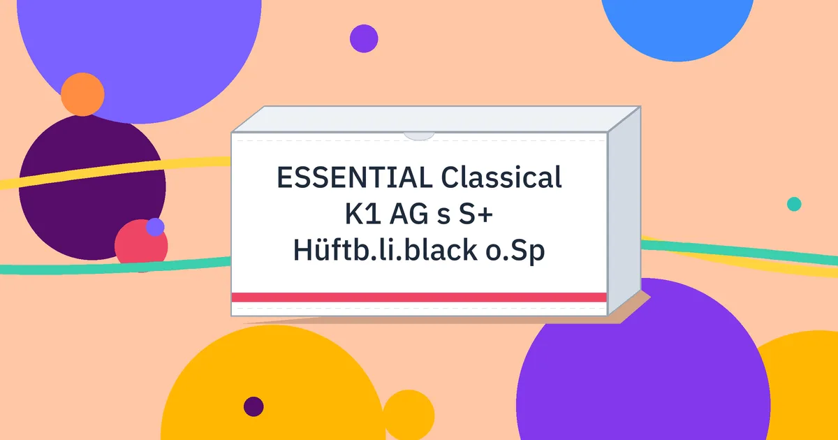 Symbolbild: Packung mit der Aufschrift ESSENTIAL Classical K1 AG s S+ Hüftb.li.black o.Sp (PZN 17013188) – Verfügbarkeit und Bezug in Apotheken in Frankfurt am Main