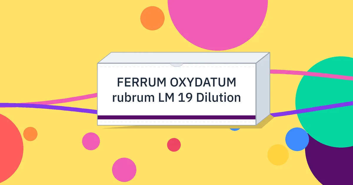 Symbolbild: Packung mit der Aufschrift FERRUM OXYDATUM rubrum LM 19 Dilution (PZN 12851766) – Verfügbarkeit und Bezug in Apotheken in Frankfurt am Main