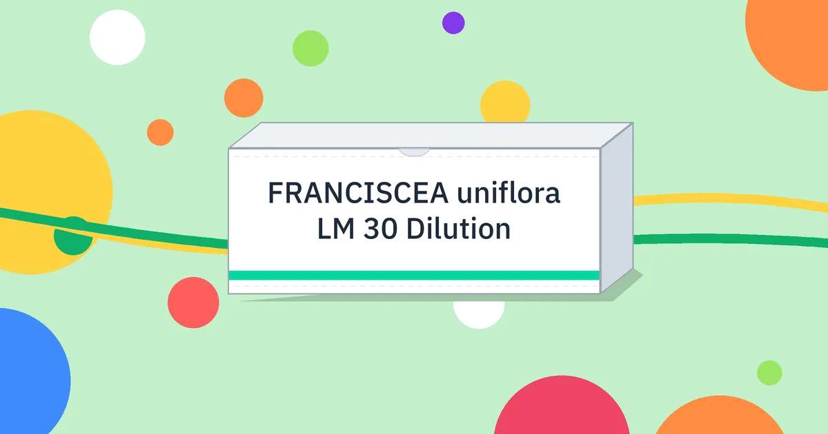 Symbolbild: Packung mit der Aufschrift FRANCISCEA uniflora LM 30 Dilution (PZN 13491318) – Verfügbarkeit und Bezug in Apotheken in Frankfurt am Main