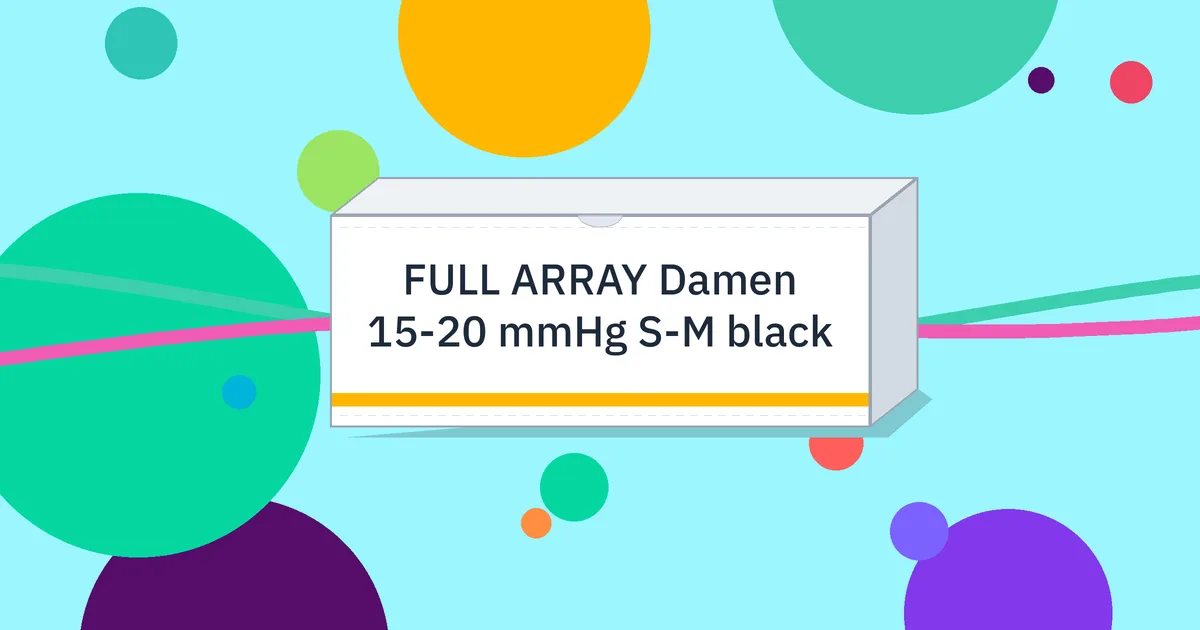 Symbolbild: Packung mit der Aufschrift FULL ARRAY Damen 15-20 mmHg S-M black (PZN 20112379) – Verfügbarkeit und Bezug in Apotheken in Frankfurt am Main