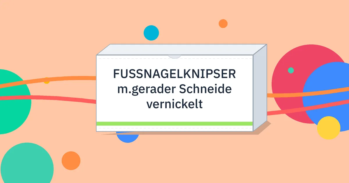 Symbolbild: Packung mit der Aufschrift FUSSNAGELKNIPSER m.gerader Schneide vernickelt (PZN 17288092) – Verfügbarkeit und Bezug in Apotheken in Frankfurt am Main