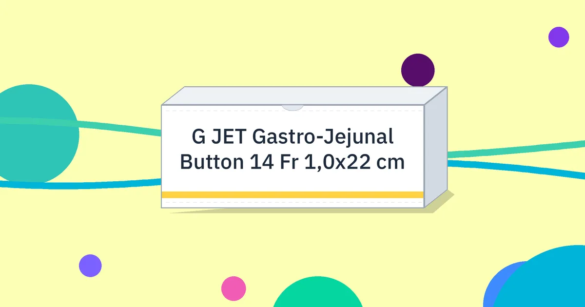Symbolbild: Packung mit der Aufschrift G JET Gastro-Jejunal Button 14 Fr 1,0x22 cm (PZN 14346357) – Verfügbarkeit und Bezug in Apotheken in Frankfurt am Main