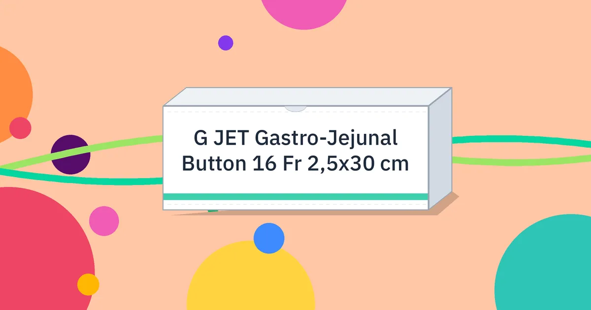 Symbolbild: Packung mit der Aufschrift G JET Gastro-Jejunal Button 16 Fr 2,5x30 cm (PZN 14343169) – Verfügbarkeit und Bezug in Apotheken in Frankfurt am Main