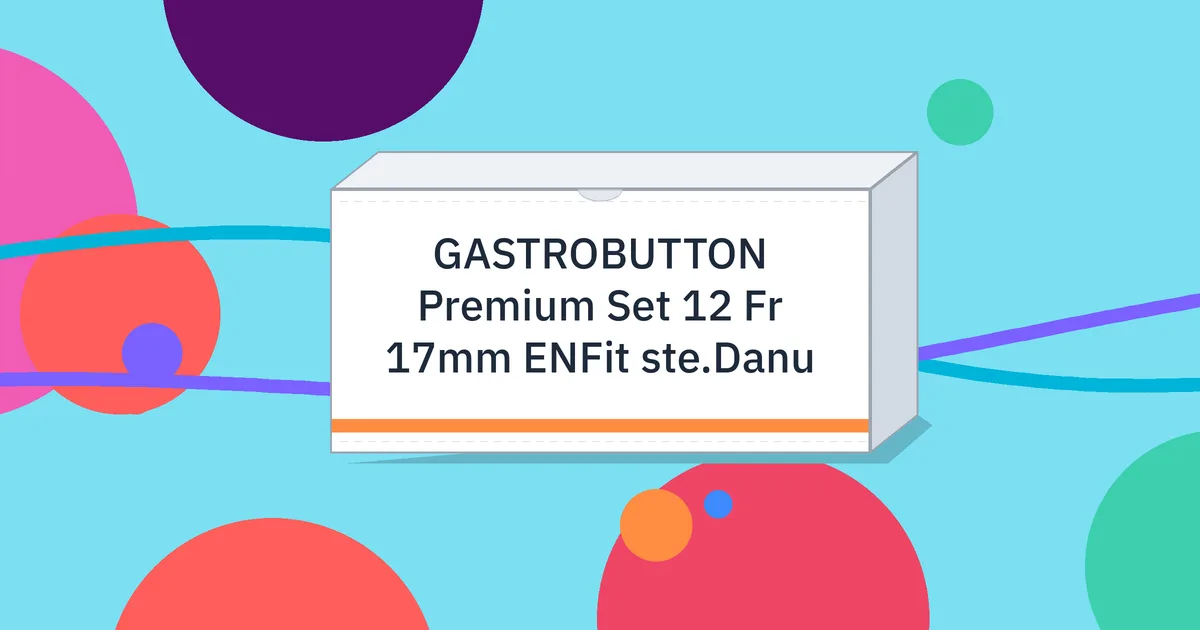 Symbolbild: Packung mit der Aufschrift GASTROBUTTON Premium Set 12 Fr 17mm ENFit ste.Danu (PZN 16883266) – Verfügbarkeit und Bezug in Apotheken in Frankfurt am Main