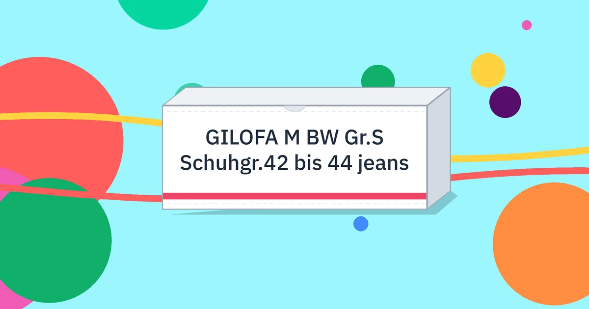 Symbolbild: Packung mit der Aufschrift GILOFA M BW Gr.S Schuhgr.42 bis 44 jeans (PZN 16724467) – Verfügbarkeit und Bezug in Apotheken in Frankfurt am Main