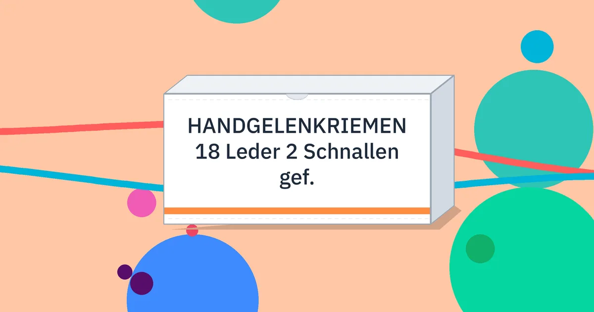 Symbolbild: Packung mit der Aufschrift HANDGELENKRIEMEN 18 Leder 2 Schnallen gef. (PZN 03230143) – Verfügbarkeit und Bezug in Apotheken in Frankfurt am Main