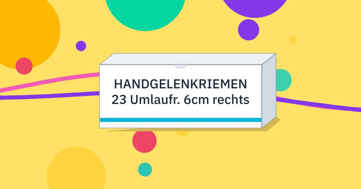 Symbolbild: Packung mit der Aufschrift HANDGELENKRIEMEN 23 Umlaufr. 6cm rechts (PZN 02008359) – Verfügbarkeit und Bezug in Apotheken in Frankfurt am Main