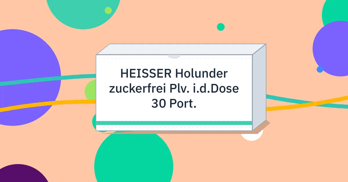 Symbolbild: Packung mit der Aufschrift HEISSER Holunder zuckerfrei Plv. i.d.Dose 30 Port. (PZN 19728170) – Verfügbarkeit und Bezug in Apotheken in Frankfurt am Main
