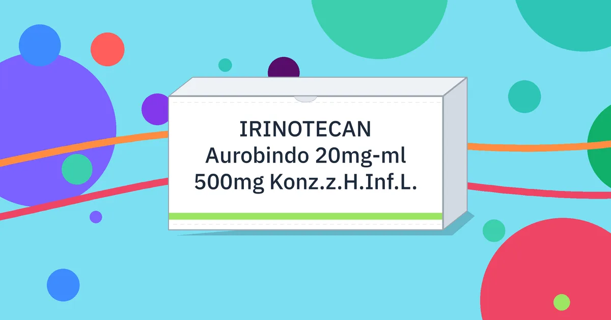 Symbolbild: Packung mit der Aufschrift IRINOTECAN Aurobindo 20mg-ml 500mg Konz.z.H.Inf.L. (PZN 11055820) – Verfügbarkeit und Bezug in Apotheken in Frankfurt am Main