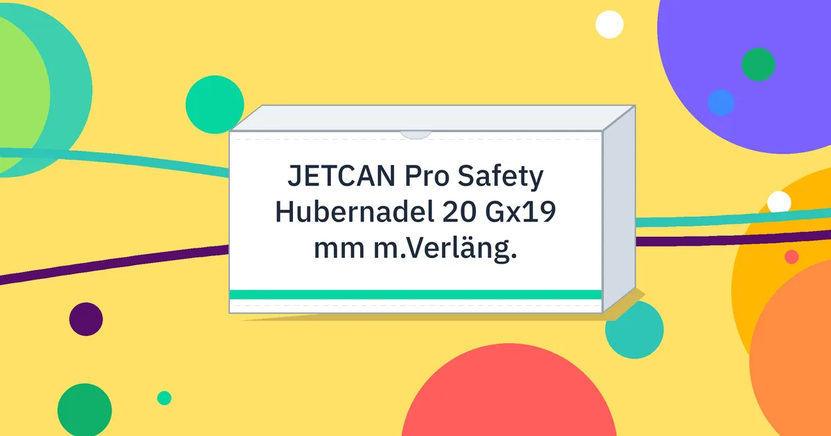 Symbolbild: Packung mit der Aufschrift JETCAN Pro Safety Hubernadel 20 Gx19 mm m.Verläng. (PZN 19238750) – Verfügbarkeit und Bezug in Apotheken in Frankfurt am Main