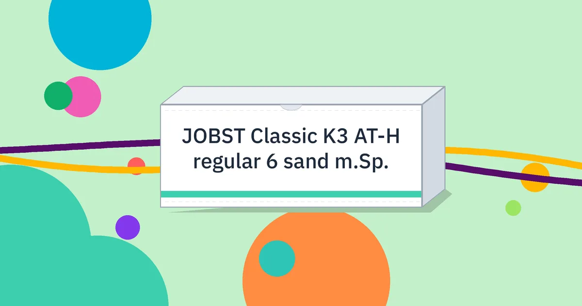 Symbolbild: Packung mit der Aufschrift JOBST Classic K3 AT-H regular 6 sand m.Sp. (PZN 13077659) – Verfügbarkeit und Bezug in Apotheken in Frankfurt am Main