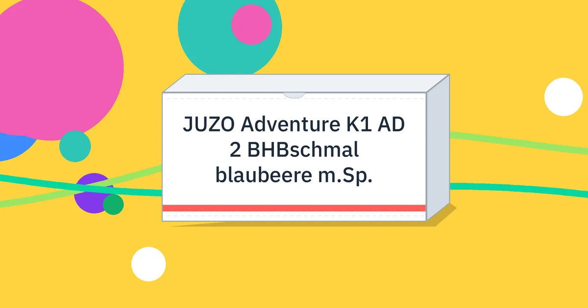 Symbolbild: Packung mit der Aufschrift JUZO Adventure K1 AD 2 BHBschmal blaubeere m.Sp. (PZN 16345356) – Verfügbarkeit und Bezug in Apotheken in Frankfurt am Main
