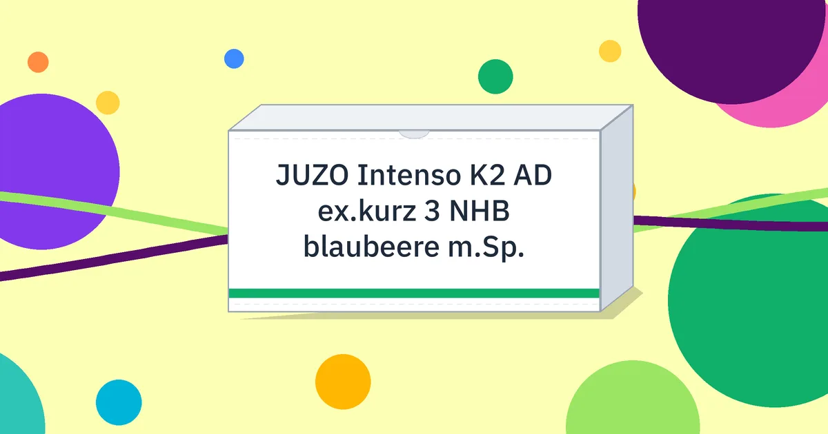Symbolbild: Packung mit der Aufschrift JUZO Intenso K2 AD ex.kurz 3 NHB blaubeere m.Sp. (PZN 18611626) – Verfügbarkeit und Bezug in Apotheken in Frankfurt am Main