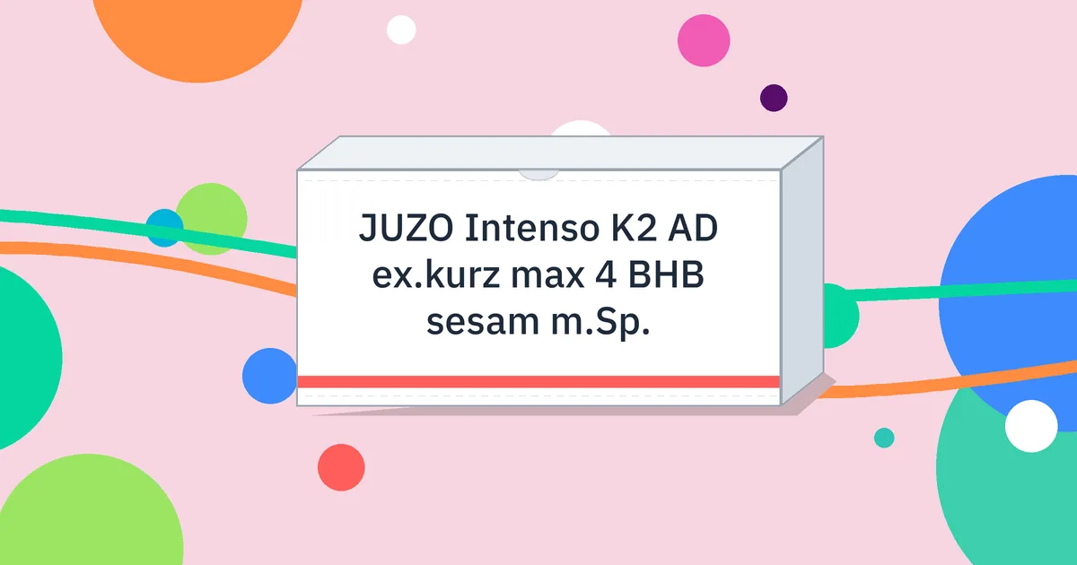 Symbolbild: Packung mit der Aufschrift JUZO Intenso K2 AD ex.kurz max 4 BHB sesam m.Sp. (PZN 18613915) – Verfügbarkeit und Bezug in Apotheken in Frankfurt am Main
