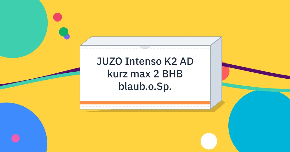 Symbolbild: Packung mit der Aufschrift JUZO Intenso K2 AD kurz max 2 BHB blaub.o.Sp. (PZN 18626266) – Verfügbarkeit und Bezug in Apotheken in Frankfurt am Main