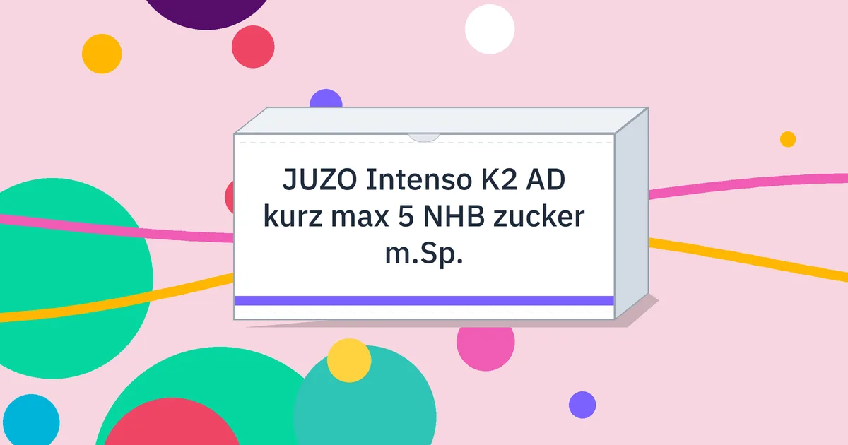 Symbolbild: Packung mit der Aufschrift JUZO Intenso K2 AD kurz max 5 NHB zucker m.Sp. (PZN 18611968) – Verfügbarkeit und Bezug in Apotheken in Frankfurt am Main
