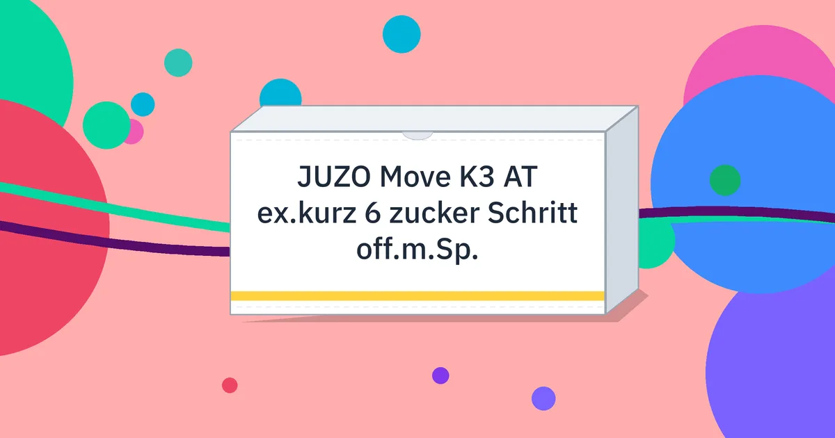 Symbolbild: Packung mit der Aufschrift JUZO Move K3 AT ex.kurz 6 zucker Schritt off.m.Sp. (PZN 20680362) – Verfügbarkeit und Bezug in Apotheken in Frankfurt am Main
