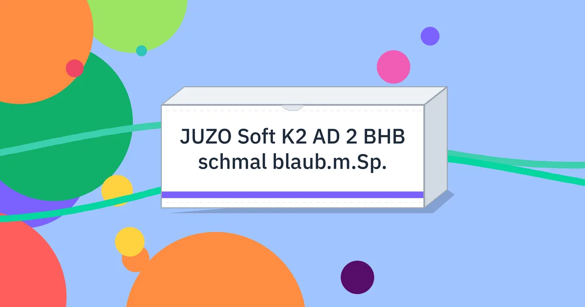 Symbolbild: Packung mit der Aufschrift JUZO Soft K2 AD 2 BHB schmal blaub.m.Sp. (PZN 15465182) – Verfügbarkeit und Bezug in Apotheken in Frankfurt am Main